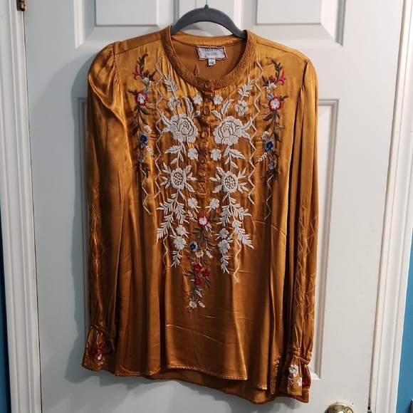 Johnny Was | Tops | Johnny Was Embroidered Satin Blouse In A Mustard ...